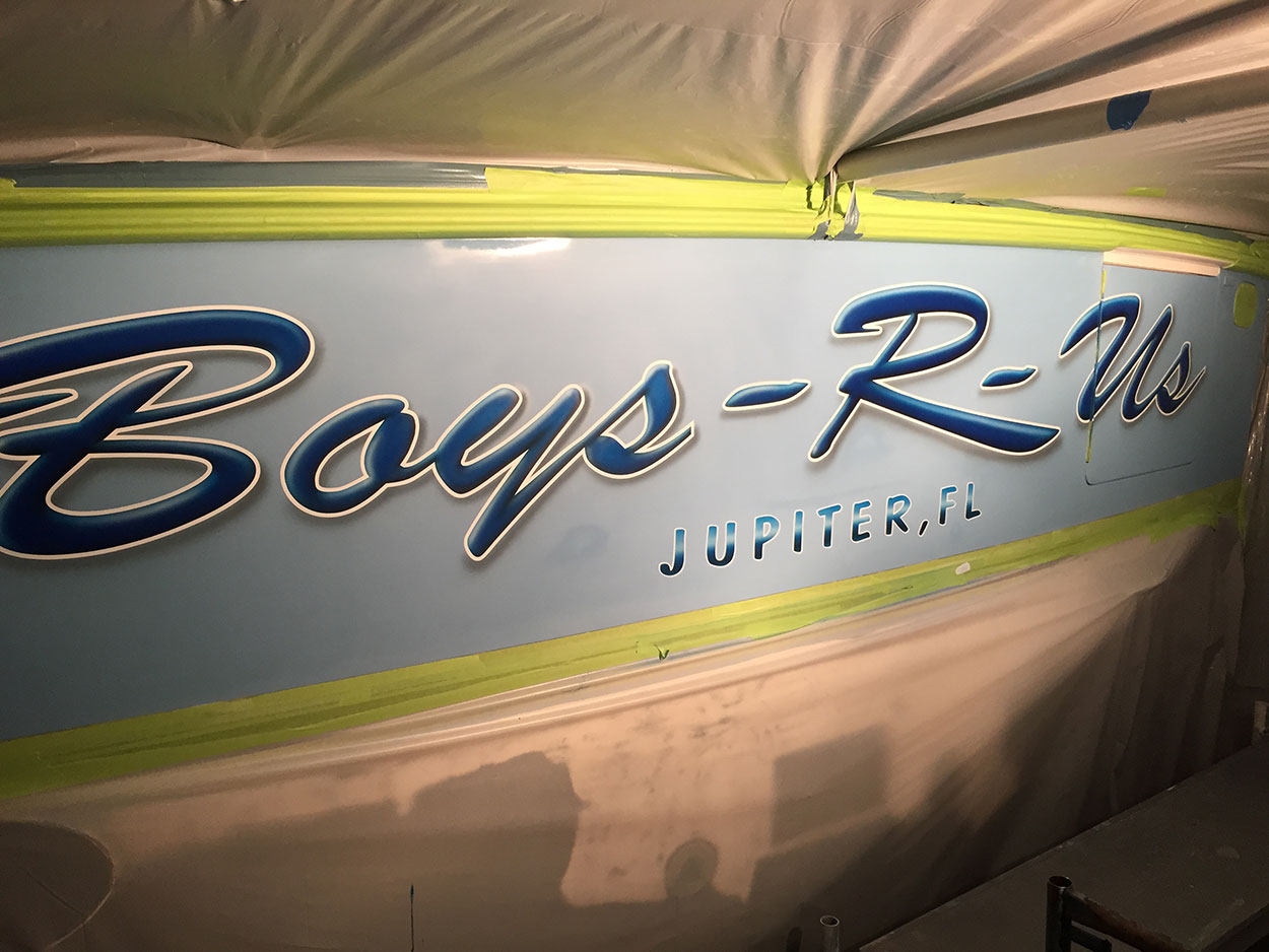 Boys R-Us, Jupiter Florida Boat Transom | BOATS TRANSOM ARTWORK PAINTING | EVERETT NAUTICAL DESIGNS